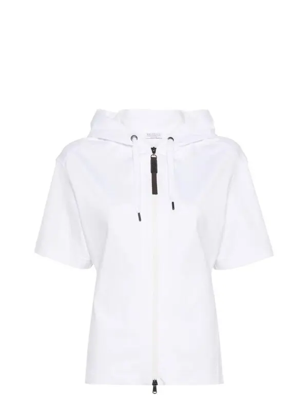 Brunello Cucinelli Short-sleeved Zip-up Hoodie With Monili Chain Detail - White