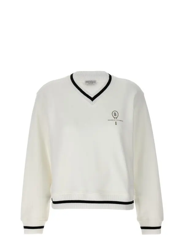 Brunello Cucinelli V-neck Sweatshirt With Logo Embroidery - Off-white