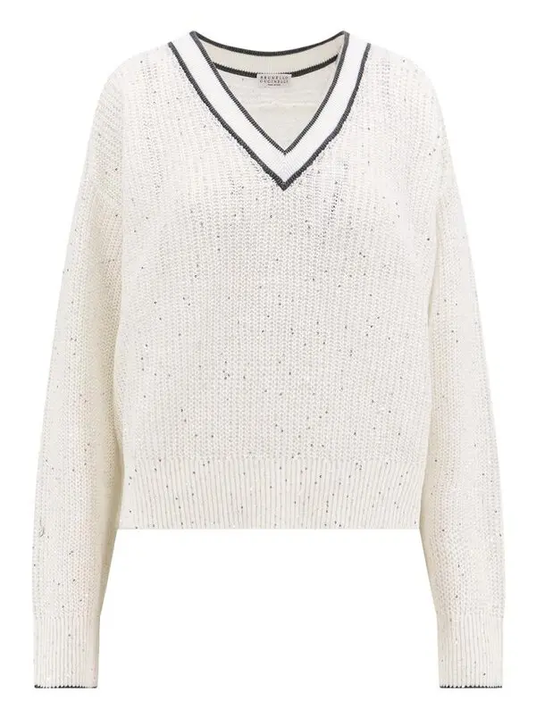 Brunello Cucinelli V-neck Sequin Jumper - White