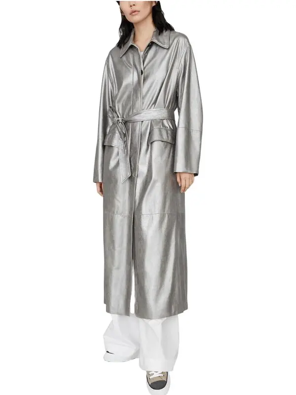 Brunello Cucinelli Belted-waist Metallic Leather Coat - Gray