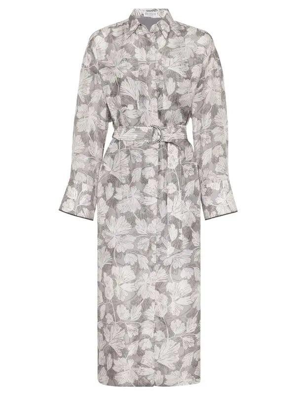 Brunello Cucinelli Floral Print Belted Midi Shirt Dress - Grey