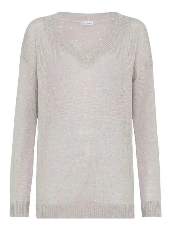 Brunello Cucinelli Sequin-embellished V-neck Jumper - Light Gray