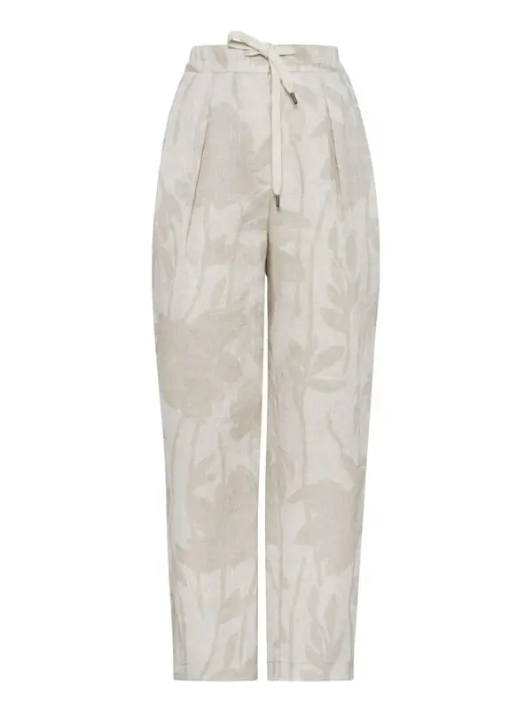 Brunello Cucinelli Floral-jacquard Drawstring Tapered Trousers - White