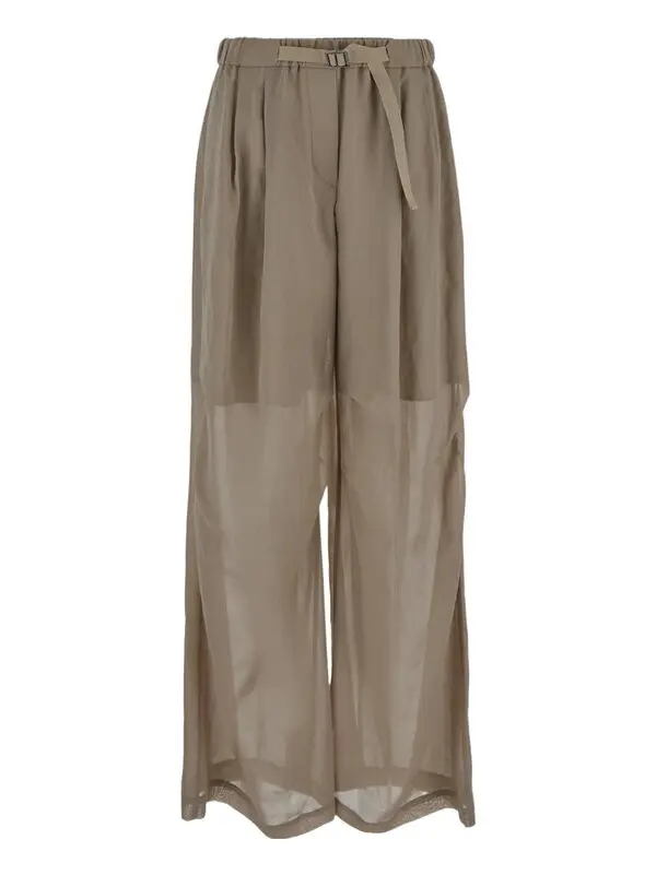 Brunello Cucinelli Belted Semi-sheer Wide-leg Trousers - Gray