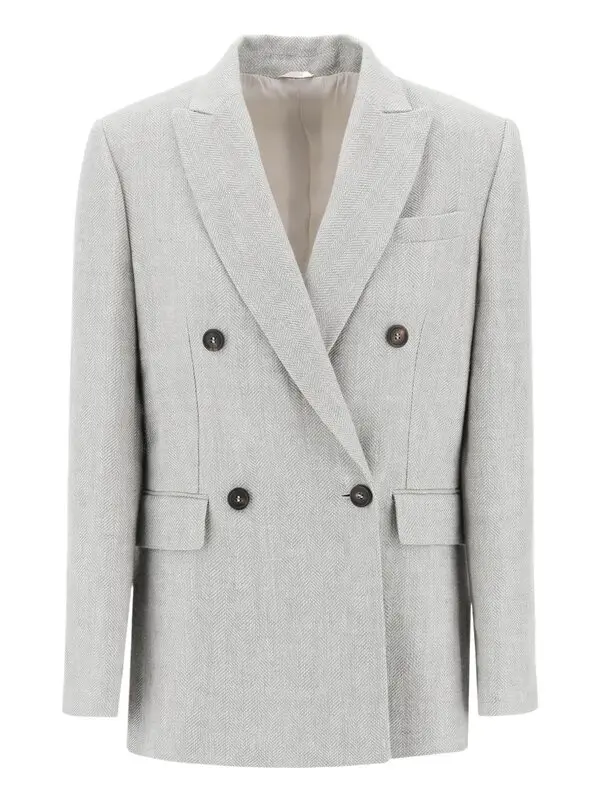 Brunello Cucinelli Herringbone Linen Double-breasted Blazer - White