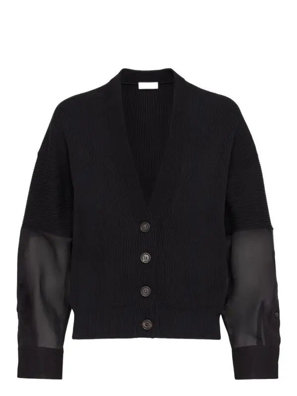 Brunello Cucinelli V-neck Ribbed Knit Cardigan With Sheer Sleeves - Black