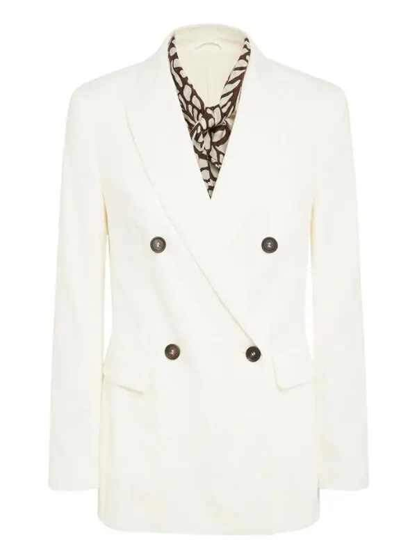 Brunello Cucinelli Double-breasted Woven Blazer With Scarf Detail - White