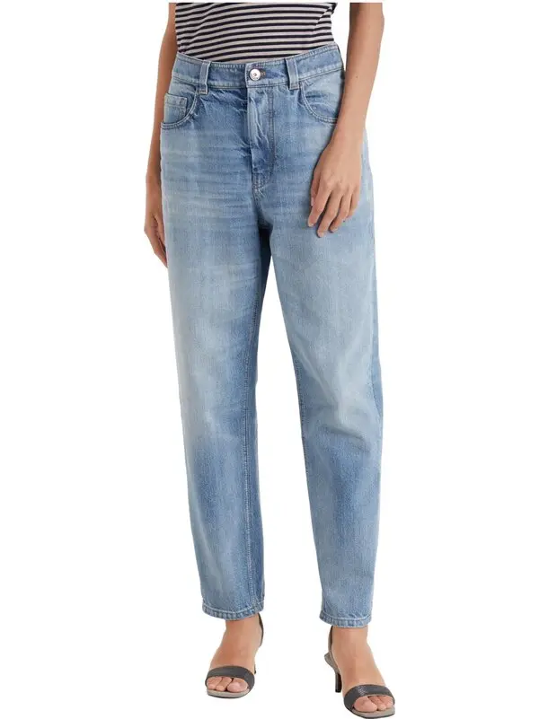 Brunello Cucinelli Tapered Leg Jeans With Logo Patch - Blue