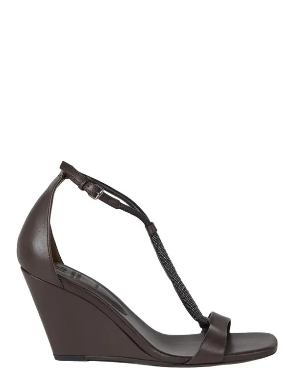 Brunello Cucinelli Wedge-heel Leather Sandals With Monili Chain Detailing - Black