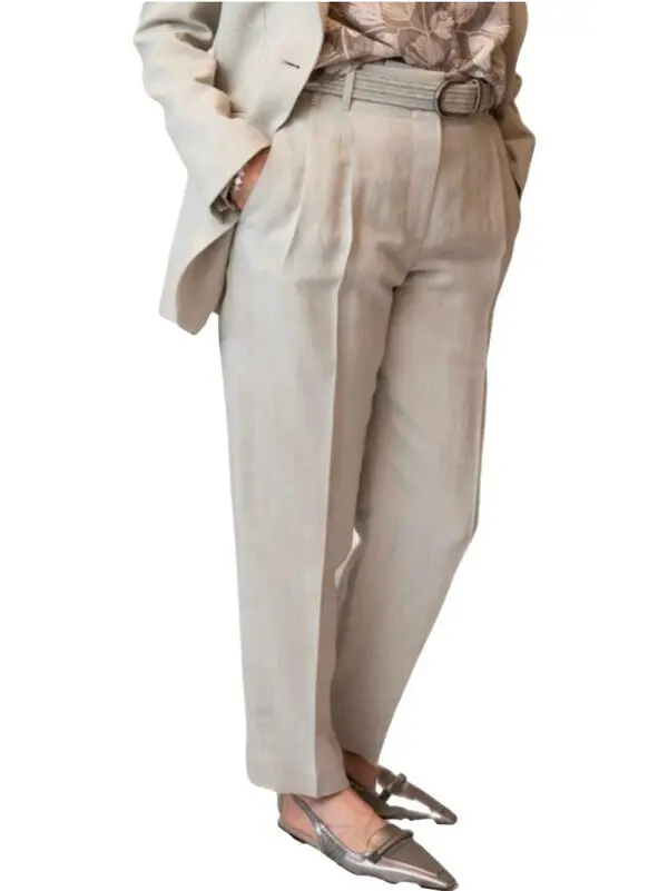 Brunello Cucinelli Pleated Flax Trousers With Beaded Detail - Gray