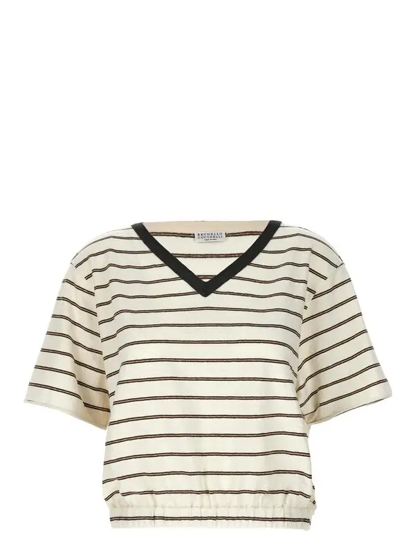 Brunello Cucinelli Monile V-neck Striped T-shirt - White