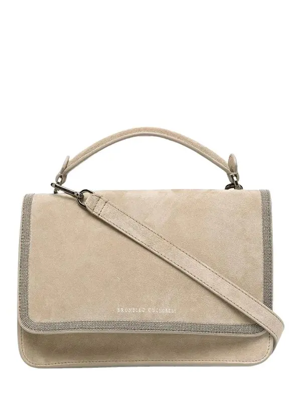 Brunello Cucinelli Suede Crossbody Bag With Metallic Trim - Nude