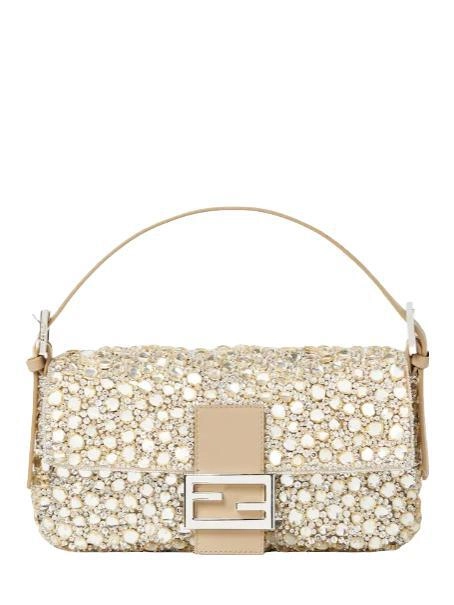 Fendi Baguette 26424 Bag Embroidered With Cabochon Crystals - Beige