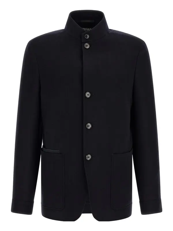 Zegna High-neck Button-front Jacket With Leather Detail - Blue