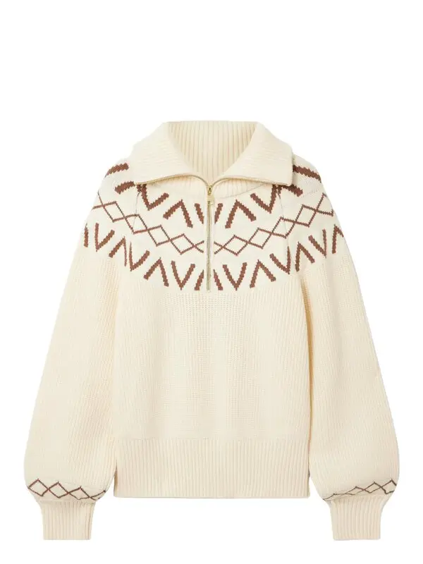 Varley Half-zip Sweater With Fair Isle Motif And Blouson Sleeves - Nude