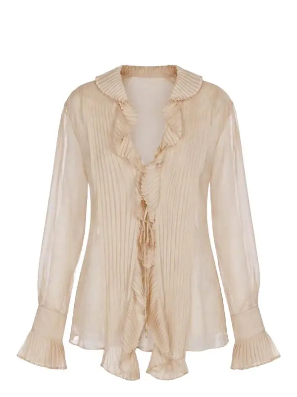Alberta Ferretti Silk Chiffon Pleated Shirt - Beige