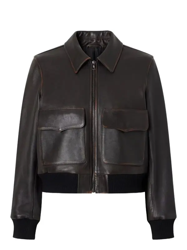 NILI LOTAN Cropped Leather Bomber Jacket - Black