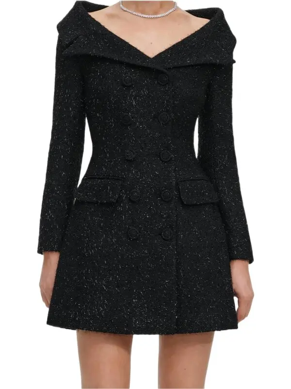 SELF-PORTRAIT Off-shoulder Double-breasted Mini Dress - Black