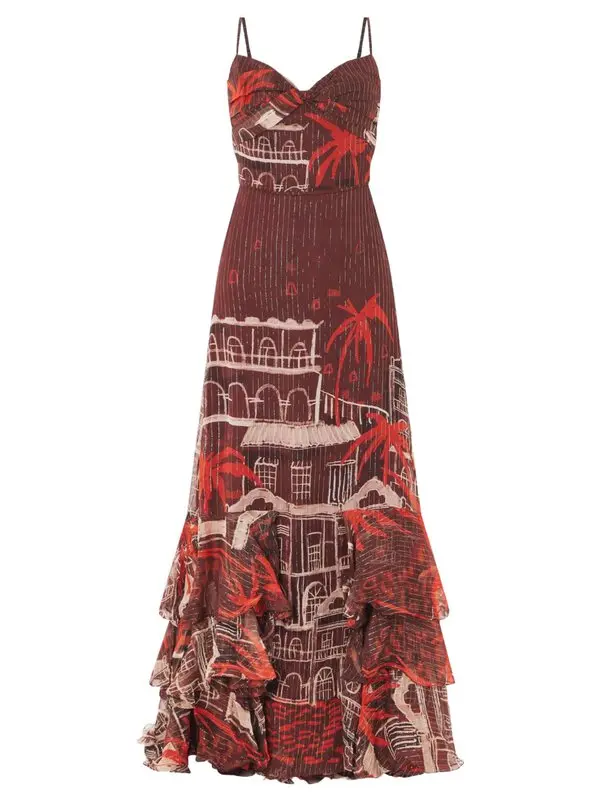 Johanna Ortiz Printed Tiered Maxi Dress - Red