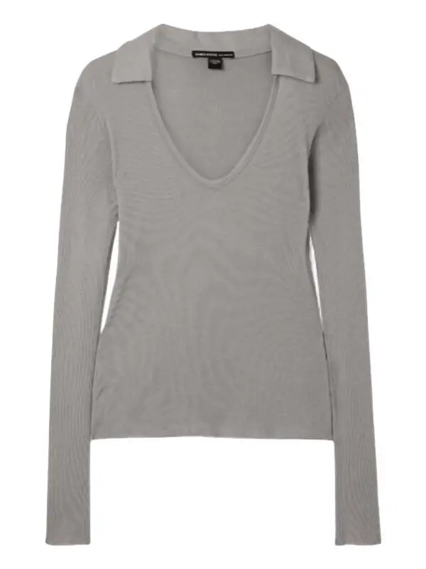 JAMES PERSE Ribbed Cotton And Cashmere-blend Polo Shirt - Gray
