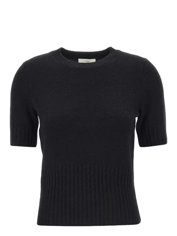 Vince Ribbed Short Sleeve Knit Sweater - Black