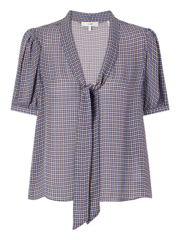 FRAME Plaid Puff Sleeve Tie Neck Blouse - Gray