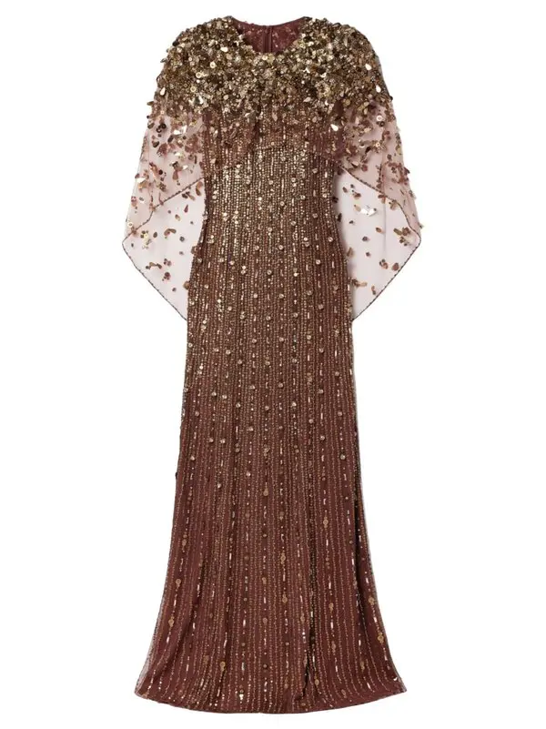 Jenny Packham Embellished Sequined Tulle Gown - Brown