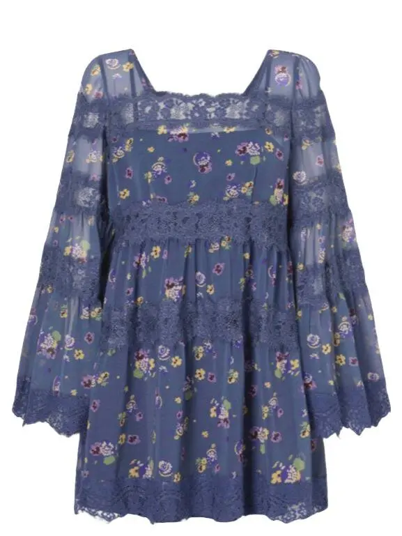 Anna Sui Pleated Floral-print Lace-trimmed Chiffon Mini Dress - No