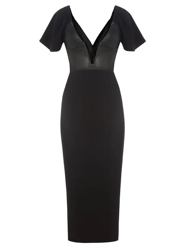 THE GT ATELIER Leather Corset Dress Fitted Statement Bodycon Dress For Callmelove Midi Dress - Black