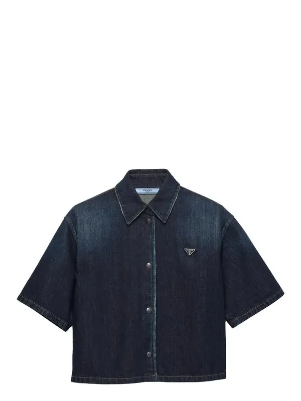 Prada Short-sleeved Denim Shirt With Triangle Logo - Blue