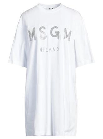 MSGM Glittered Logo Cotton T-shirt Mini Dress - White