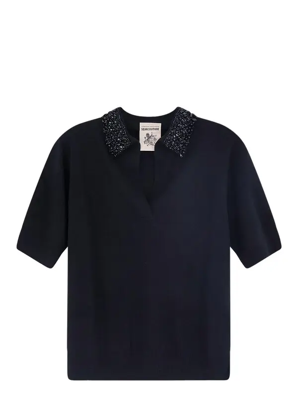 SEMICOUTURE Virgin Wool And Cashmere Blend Polo Shirt With Embellished Collar - Black