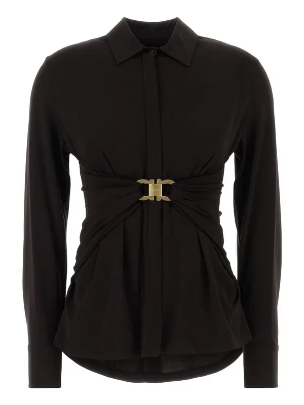 FERRAGAMO Stretch Viscose Shirt With Gancini Detail - Brown