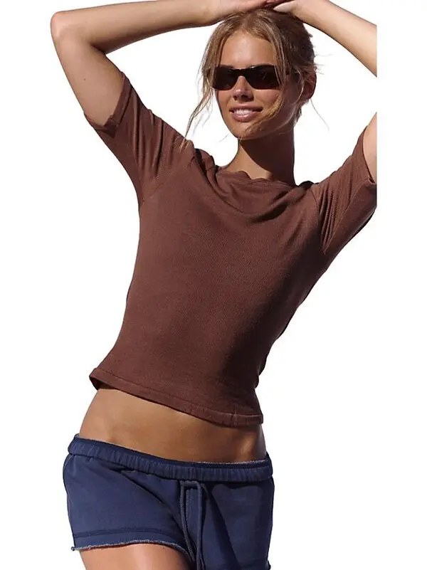 Free People Ribbed Quarter-length Sleeve Top - Black Walnut