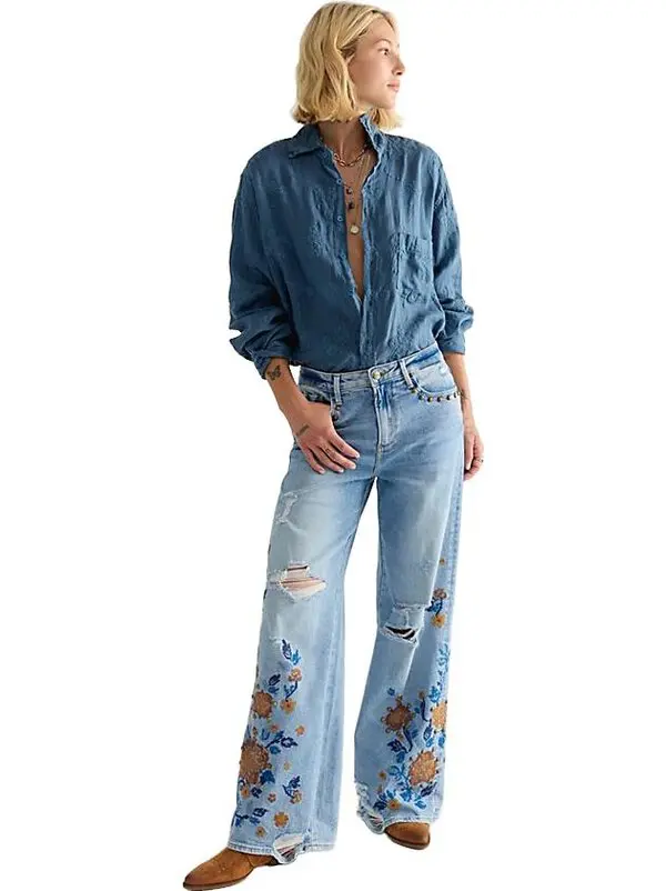 DRIFTWOOD Marlena Embellished Wide Leg Jeans - Midnight Meadow