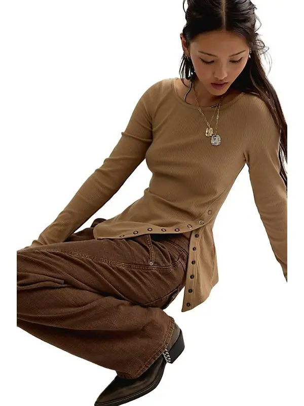 Free People Over You Asymmetric Long Sleeve Top - Tannin