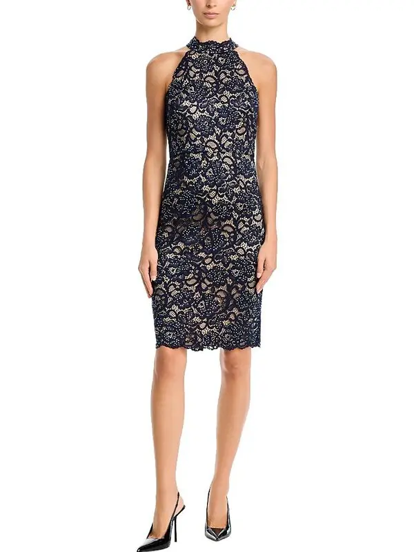 Eliza J Lace Halter Mock Neck Sheath Dress - Navy Tan