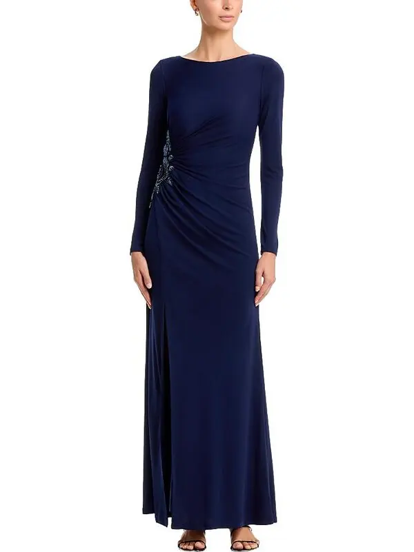 Eliza J Side Ruched Embellished Gown - Navy