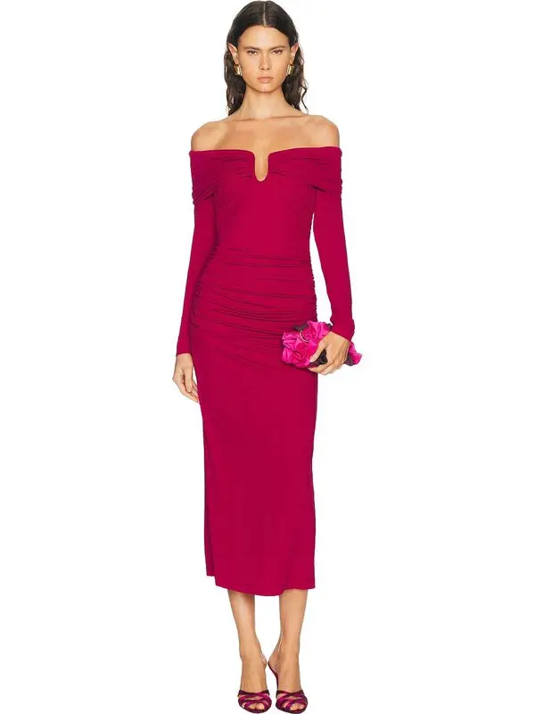 Carolina Herrera Long Sleeve Off The Shoulder Midi Dress In Red - Cranberry
