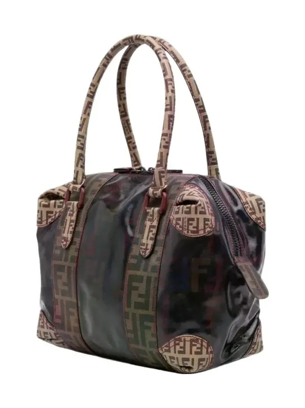 Fendi 2000-2010 Zucca Trimmed Coated Canvas Mixed Media Boston Bag - Brown
