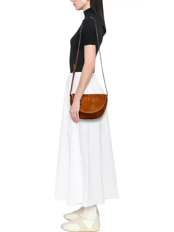 Valentino Garavani 2018-2026 Suede And Calfskin Rockstud Halfmoon Crossbody Bag - Brown