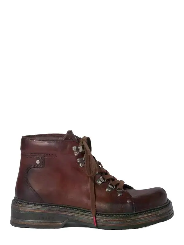 Miu Miu Leather Lace-up Boots With Antiqued Effect - Brown