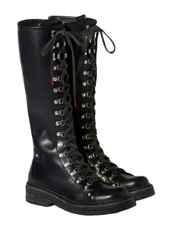 Miu Miu Leather Knee-high Lace-up Boots With Chunky Sole - Black