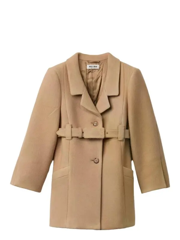 Miu Miu Single-breasted Wool Coat With Belted Waist - Neutrals