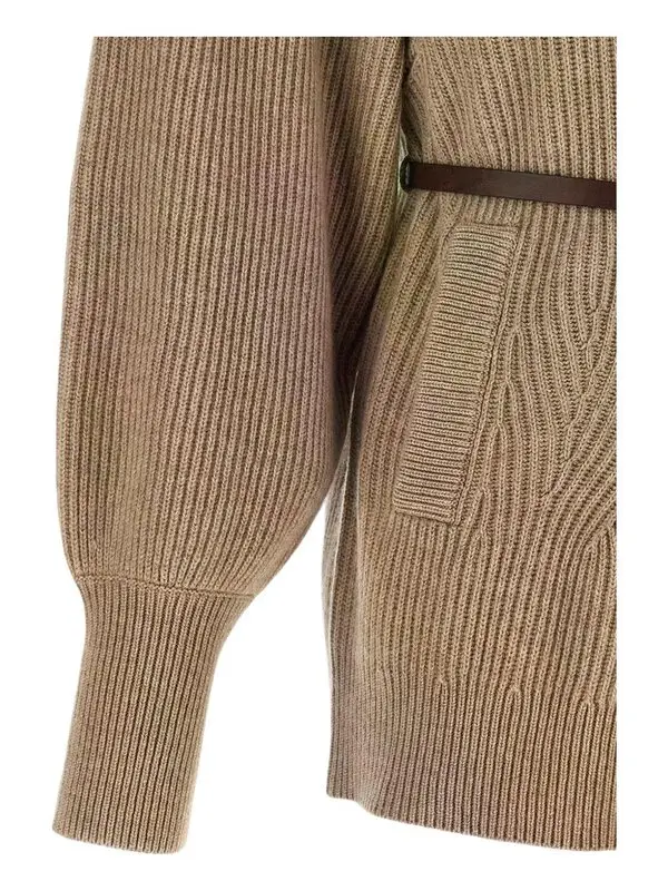 Brunello Cucinelli Belted Ribbed-knit Wool Cardigan - Neutrals
