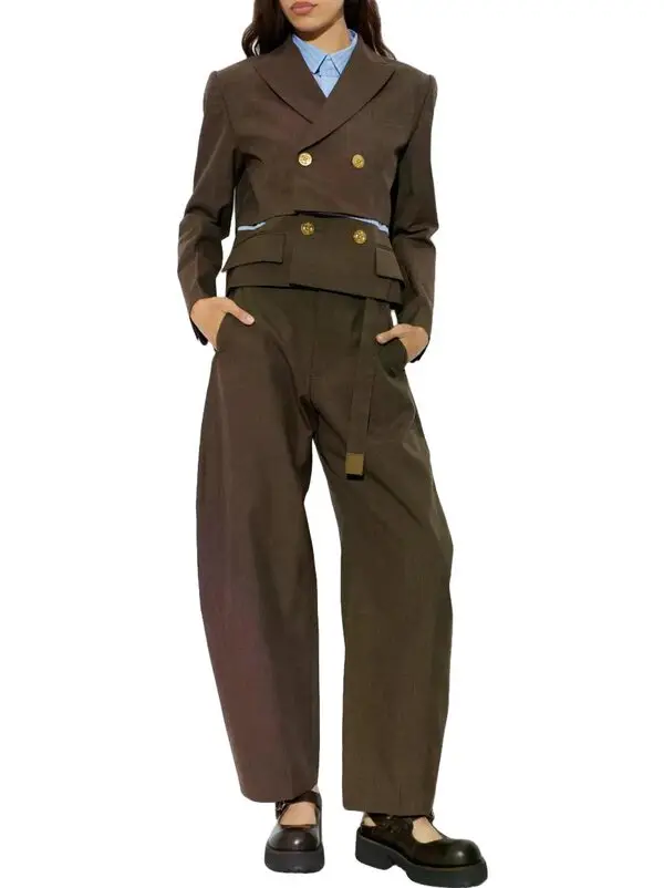Sacai Double-breasted Layered Cropped Blazer - Brown