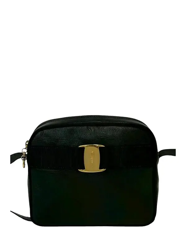 FERRAGAMO 20th Century Lizard Embossed Leather Vara Crossbody Bag - Black