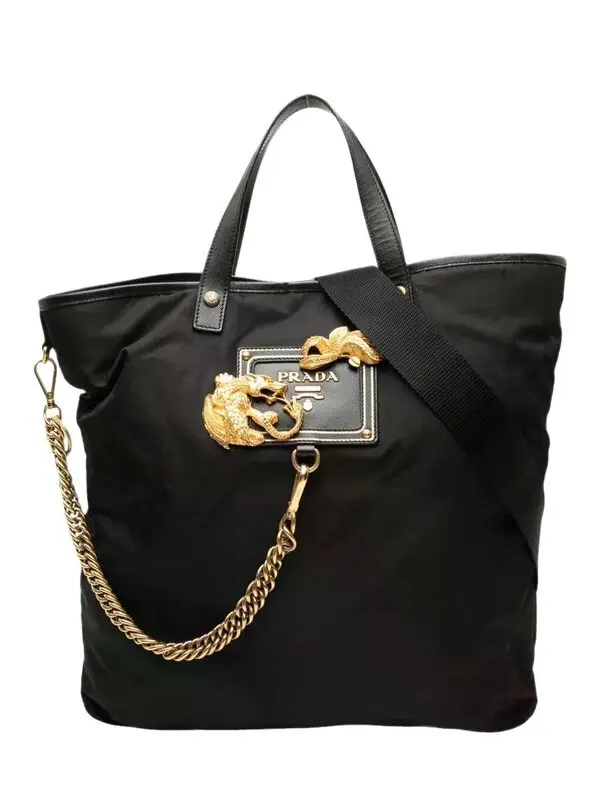 Prada 2000-2013 Saffiano Trimmed Tessuto Animalier Dragon Satchel - Black