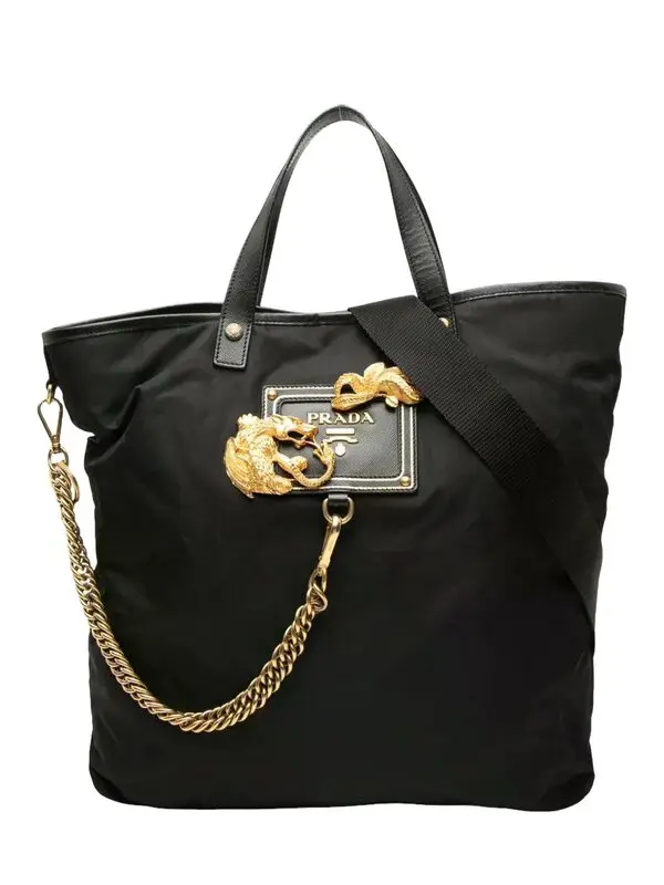 Prada Saffiano Trimmed Tessuto Animalier Dragon Satchel - Black