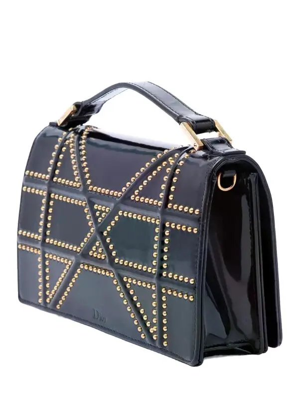 Dior 2017 Studded Patent Diorama Top Handle Wallet On Chain Satchel - Black